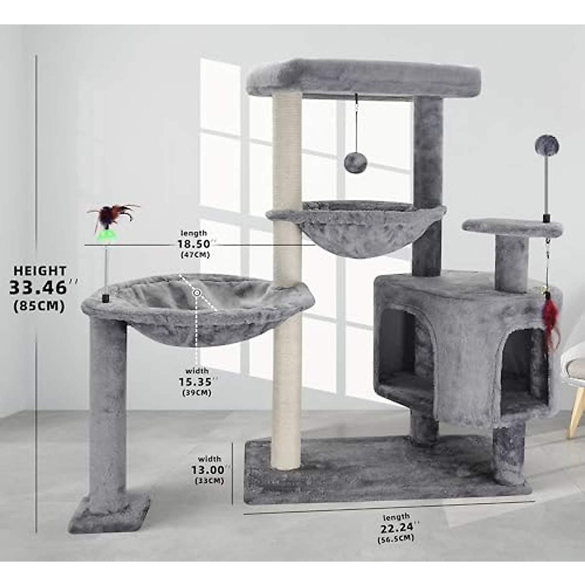 YOUPET 33.46" Height Cat Tree with Cat Condo Big Hammock and Two Replacement Spring Balls,Grey …