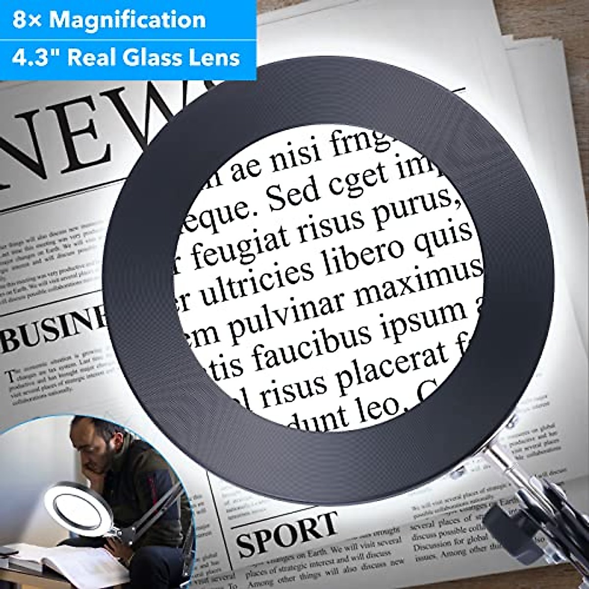 2in1 Magnifying Glass with Light and Stand, 8X Real Glass Desk Magnifier with Light, 3 Color Modes Stepless Dimmable, Desk Lamp & Clamp Lighted Magnifier for Hobby Reading Crafts Repair Close Works