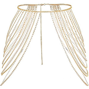 JEWEKY Rhinestone Tassel Waist Chain Gold Crystal Belly Body Chains Rave Beach Body Jewelry Accessories for Women
