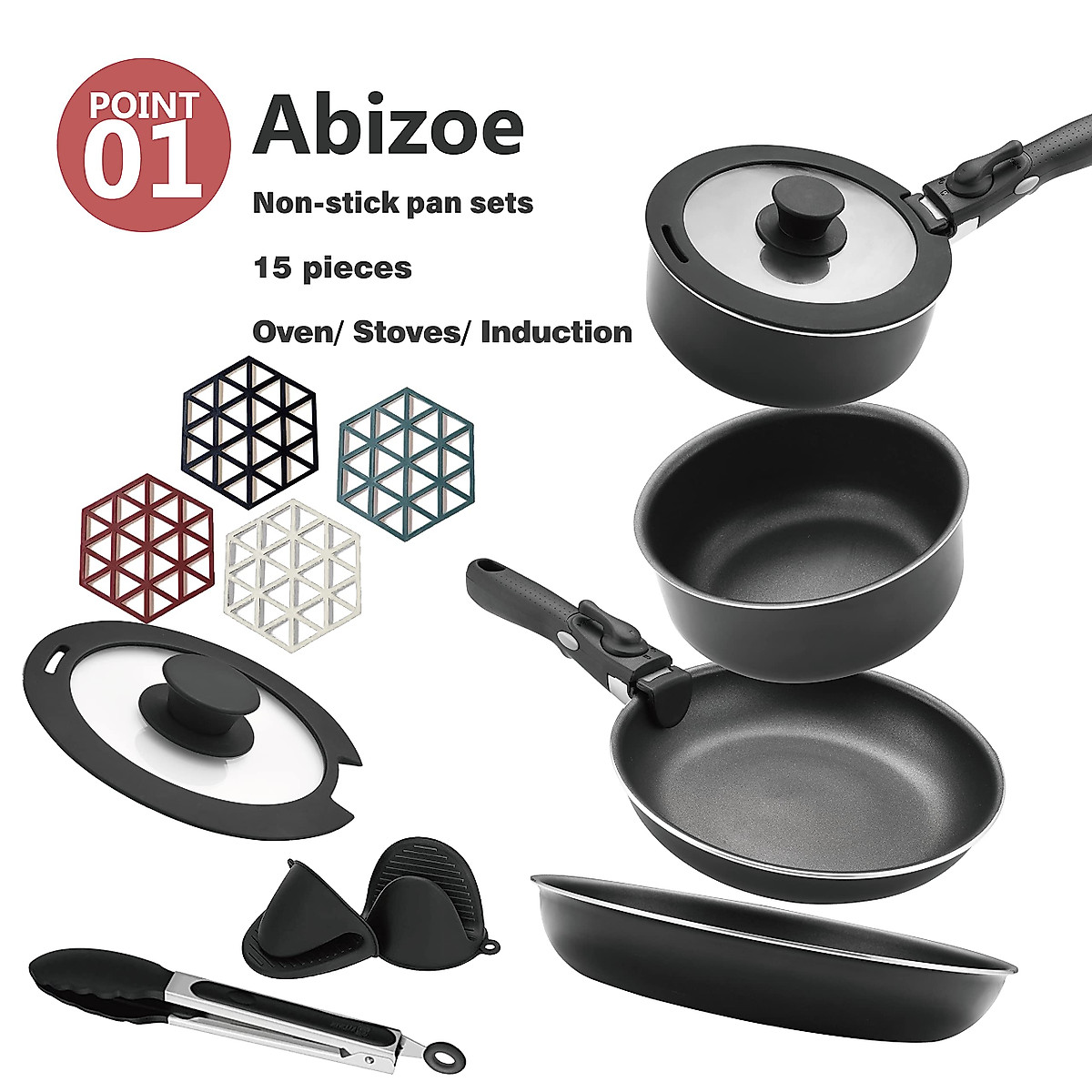 Abizoe 15 Piece Non-Stick Cookware Set Non-Stick Pans and Pots with Removable Handles, Space Efficient Excellent for RVs and Compact Kitchen (15 pieces)
