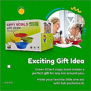 Green Direct Sippy Bowl With Straw and Spoons | 22 Ounce Plastic Cereal Bowls With Straws BPA Free Assorted Color | Built-in Straw Bowl Blue Red Green Yellow Pack of 4