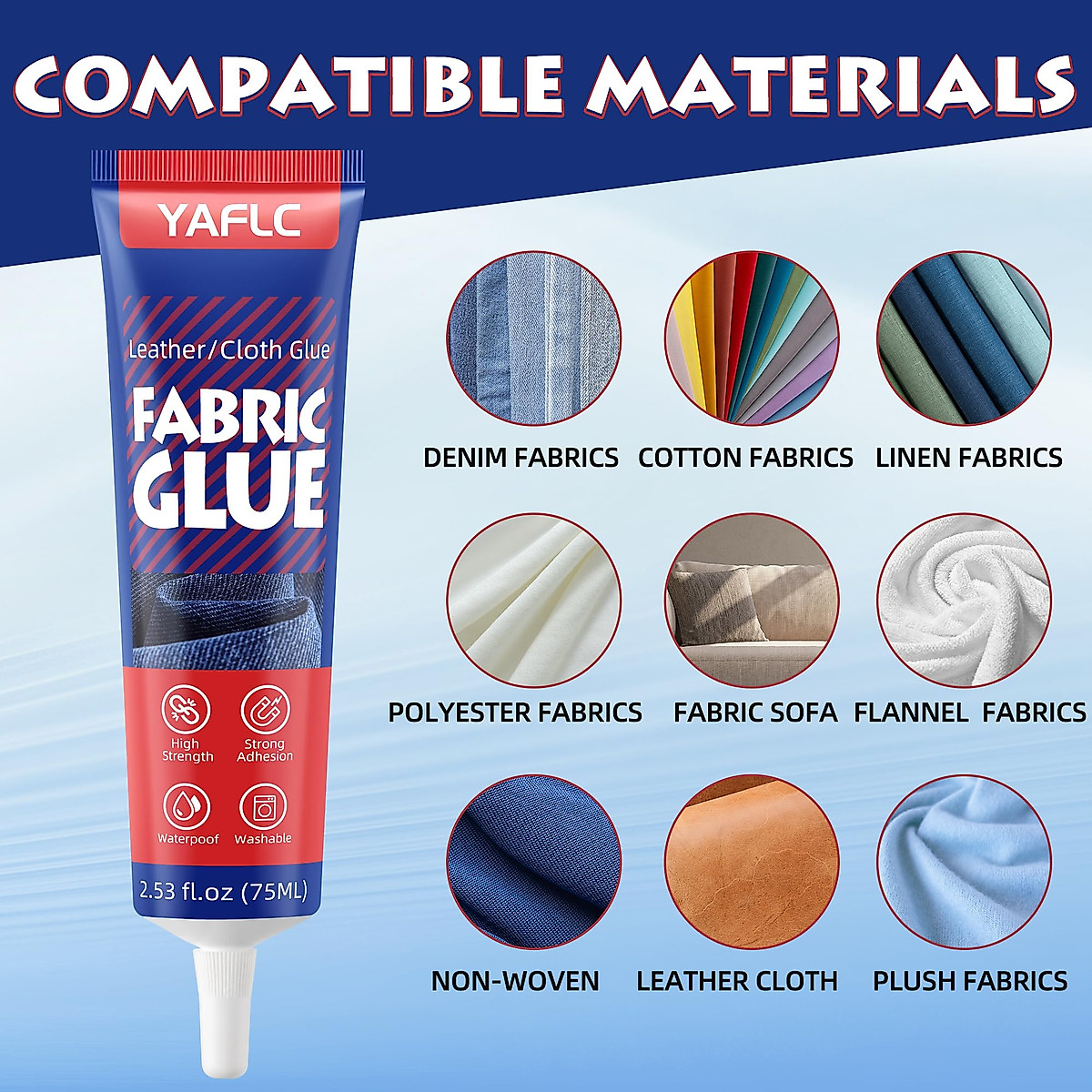 YAFLC Fabric Glue Permanent 75 ml, Fabric Glue for Patch, Clear Fabric Glue for Clothing Permanent Washable, Leather Glue for All Fabrics, Cotton, Denim, Flannel, Polyester