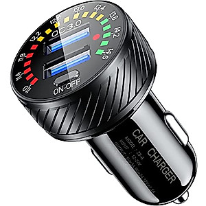 KEWIG Car Charger, 36W Fast Car Charger Adapter, Dual USB Car Charger Fast Charge with Colorful Voltmeter & ON/Off Switch