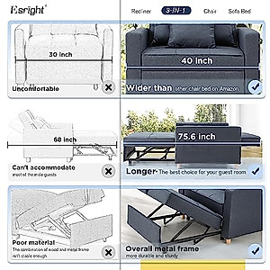 Esright 40 Inch Chair Bed 3-in-1 Convertible Futon Chair Multi-Functional Adjustable Reading Sofa, Sleeper Chair with Modern Linen Fabric, Navy