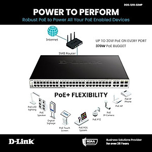 D-Link 52-Port Gigabit Smart Managed PoE+ Switch | 48 PoE+ Ports (370W) + 4 Combo SFP Ports| L2+ |VLANs |Web Managed |Surveillance Mode | Rackmount | NDAA Compliant | Lifetime Warranty (DGS-1210-52MP)