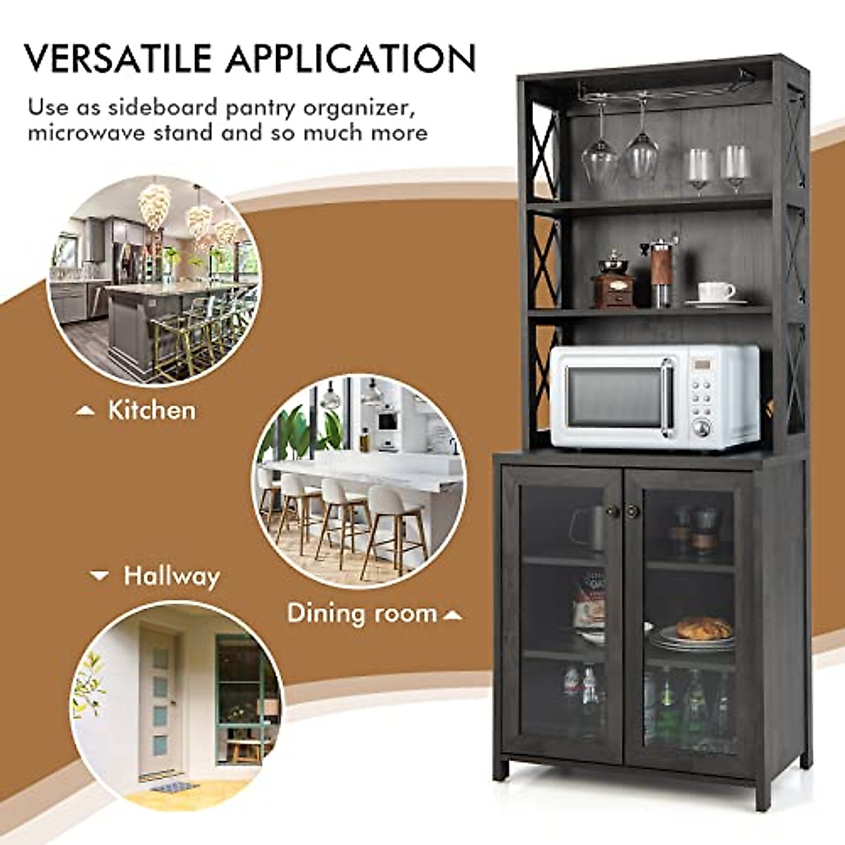 Giantex Kitchen Pantry, 67.5" Buffet Hutch Cabinet, 2 Door Sideboard, Coffee Bar Cabinet w/Glass Holder, Adjustable Shelves, Anti-toppling, Farmhouse Freestanding Wood Microwave Stand, Gray