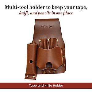 Style n Craft Tape and Knife Holder, Full-Grain Leather Tool Holder with Tape Holder, Knife Sheath, and Pencil Holder, Dark Tan (98015)