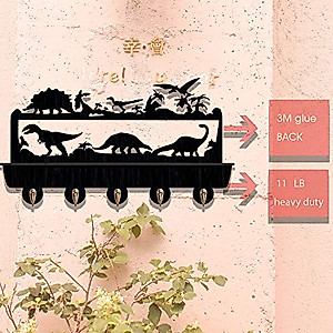 Dinosaur Wall-Mounted Coat Hooks Hat Rack with 5 Vintage Metal Hooks, Hat Rack and Upper Wooden Storage Shelf, Entryway, Kitchen, Bathroom, Living Room,16inch, Black,11lbs