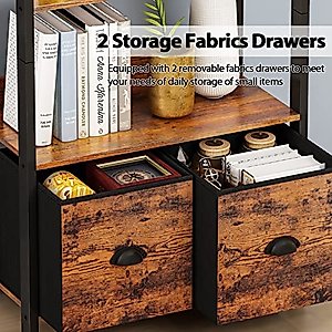 Furologee 6-Tier Bookshelf and Nightstand Set, Tall Bookcase and Rustic End Table with Fabric Drawers, Metal Frame, Rustic Brwon