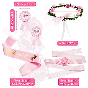 Xinnun 5 Pcs Baby Shower Maternity Sash Kit Shoulder Sash and Pin Daddy Corsages Flower Crown Pregnancy Sash Rose Wreath Headdress for Baby Shower Pregnancy Parents Prop Present Party Favor(Pink)