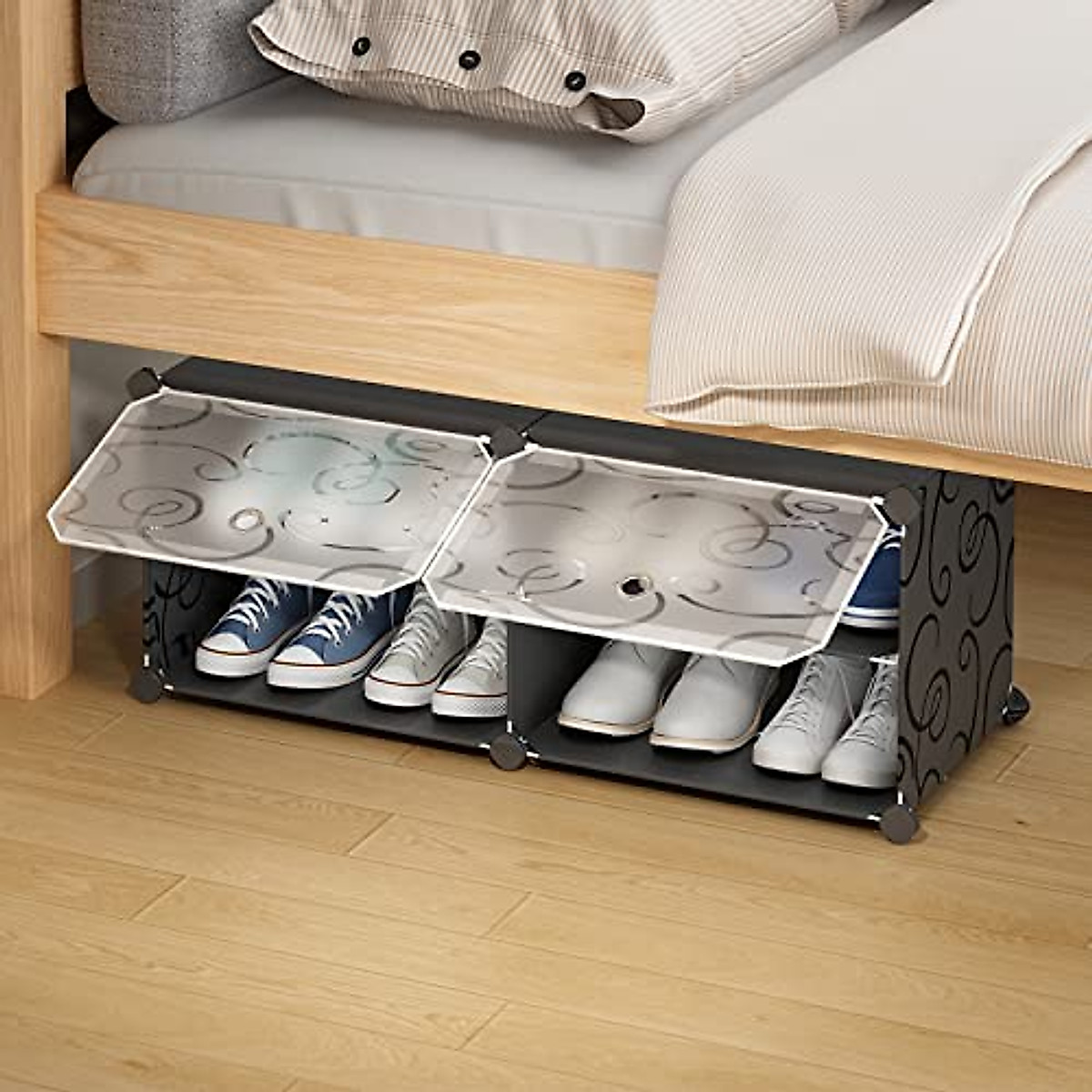 MAGINELS 8 Pair Portable Shoe Rack Small DIY Shoe Storage Shelves Closet Shoe Organizer Underbed Storage Organizer, Stackable, Black