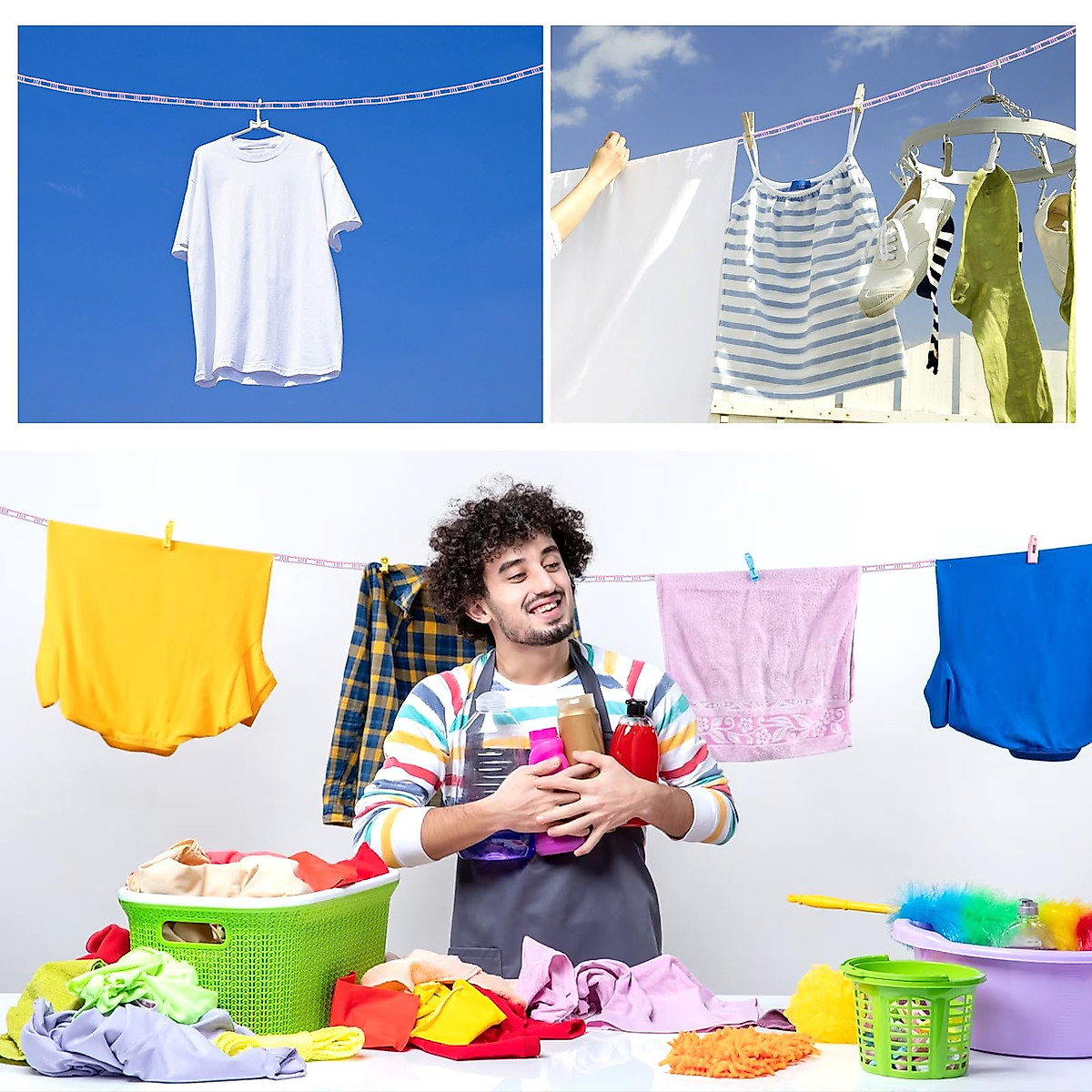 3 Pack Windproof Portable Clotheslines with Hooks 16.4ft Clothes Drying Rope Laundry Line Adjustable Non-Slip Clotheslines for Outdoor Indoor Travel Laundry Drying Hanging Clothes