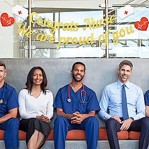 Whaline 2Pcs Nurse Graduation Paper Banner Glitter Gold Congrats Nurse Hanging Garland We are Proud of You Letter Party Banner for Nursing Medical School Nurse Graduation Party Decor Supplies, 8.2Ft