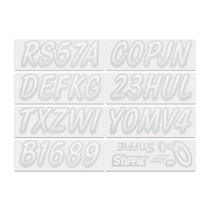 STIFFIE Whipline White/Silver SUPER STICKY 3" Alpha Numeric Registration Identification Numbers Stickers Decals for Sea-Doo SPARK, Inflatable Boats, RIBs, Hypalon/PVC, PWC and Boats.