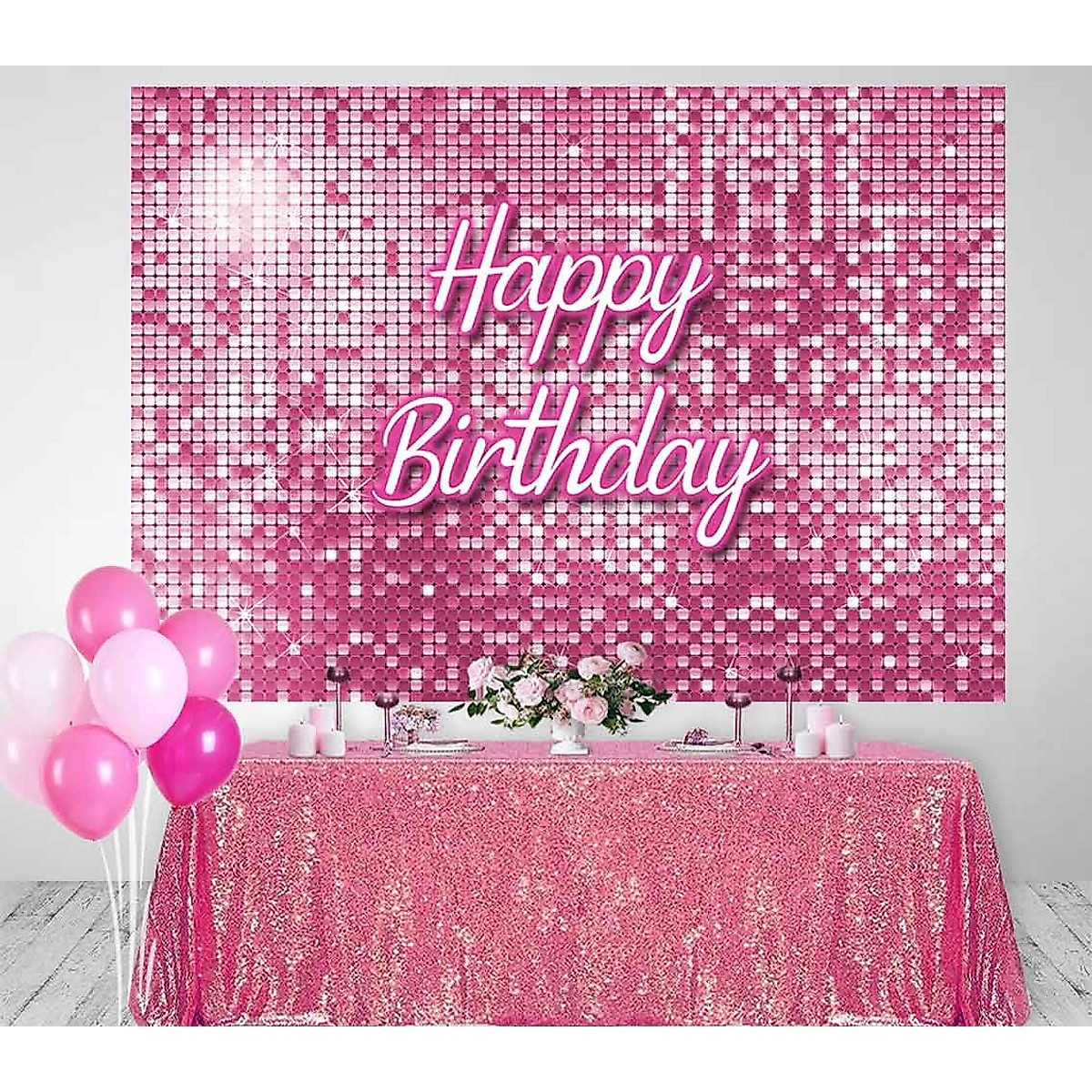 Ayayiya Pink Flash Square Birthday Backdrop Shining Sequins Shimmer Panels Wall Photography Background Princess Girl Sweet 16 18th Birthday Women 21st 30th 40th Birthday Decorations Photo Booth 7x5ft