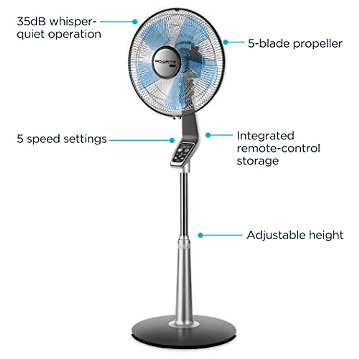 Rowenta Turbo Silence Standing Floor Fan with Remote 53 Inches Ultra Quiet Fan Oscillating, Portable, 5 Speeds, Indoor, Refresh Up to 23-Feet VU5670,Silver