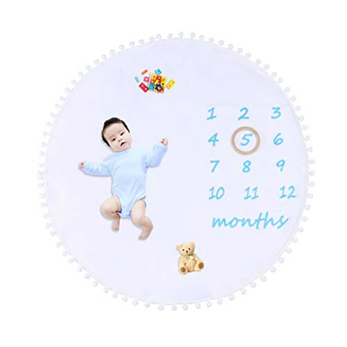 Baby Milestone Blanket for Baby Boy/Monthly Blanket (XL) with Wooden Ring. Personalized Thick Soft Round Blanket for Baby Boy/Newborn/Pregnancy Photography/Growth Tracking