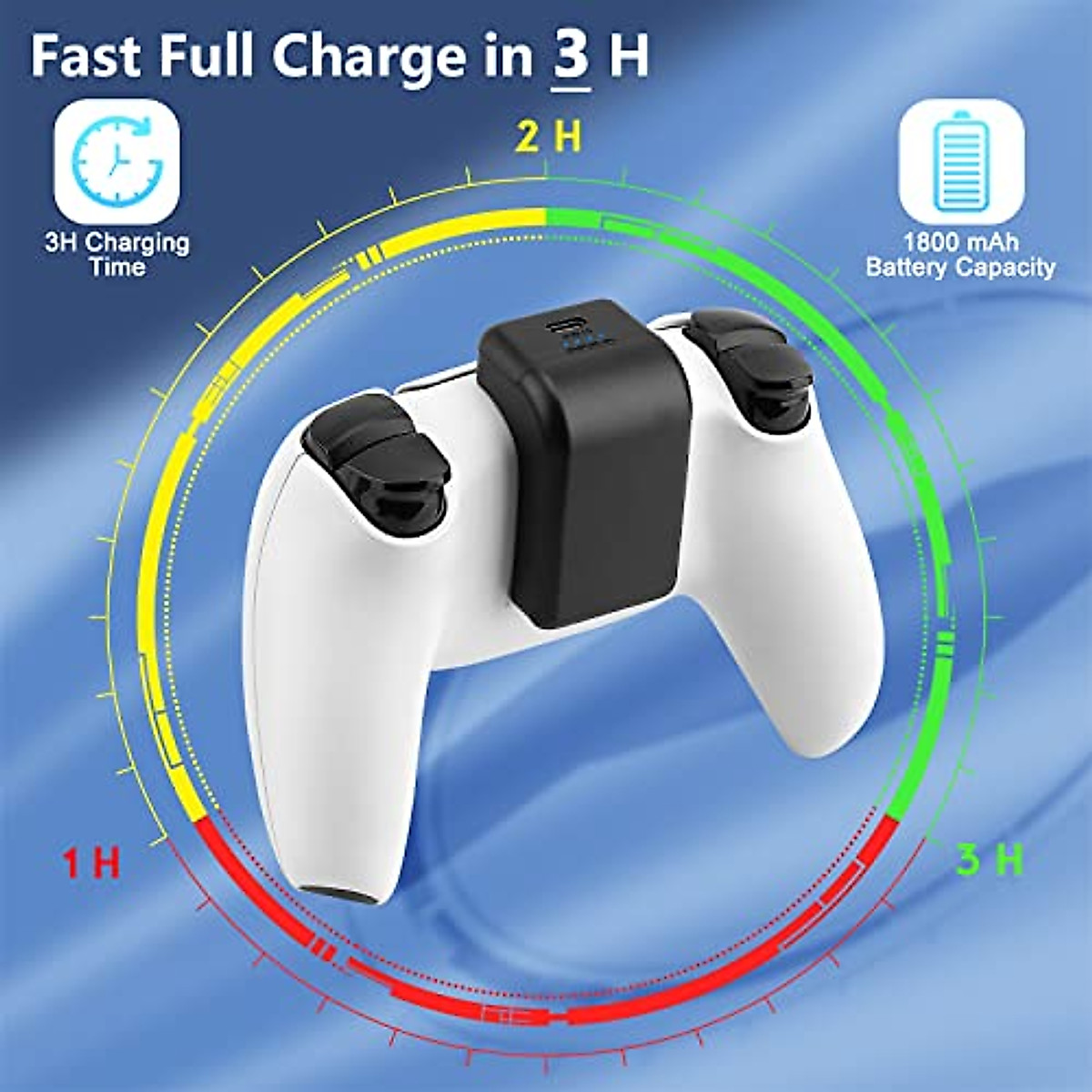 SIKEMAY PS5 Controller Accessories Rechargeable Battery Pack, 1800mAh Fast Charging External Battery with LED Indicator and USB Type-C Charger Cable, Portable Wireless DualSense Kit - Black