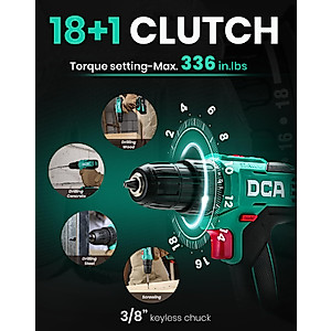 DCA Cordless Drill Set, 336 in-lbs Torque, 3/8" Keyless Chuck, Electric Power Drill with 2.0Ah Battery and Charger,18+1 Position,25-Piece 20V Drill Driver Kit, ADJZ2035