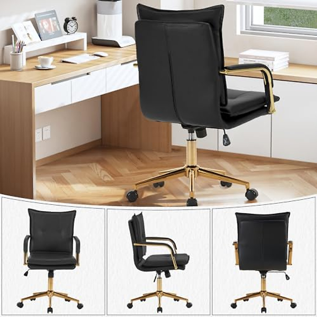MOJAY Mid-Back Ergonomic Leather Office Desk Chair, Modern Upholstered Computer Chair, Executive Office Chair with Arms, Swivel Adjustable Rolling Chair with Gold Base (Black)