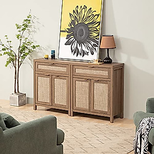 SICOTAS Sideboard Buffet Cabinet Set of 2, Rattan Credenza Storage Cabinet, Boho Buffet Table Console with Drawer, Farmhouse Coffee Bar Cabinet for Entryway Living Dining Room, Natural Oak