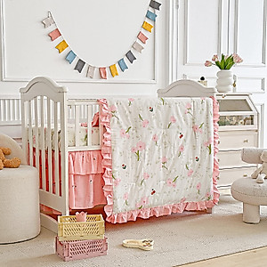 Cotton Ruffle Crib Bedding Set 3 pc Flowers Quilted Comforter with Fitted Sheet and Bed Skirt - Light Pink Flowers and Green Spray - Cute Ruffled Shabby Chic Floral Crib Set Soft Blanket for Girls