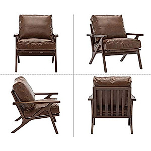 ZHENGHAO Brown PU Leather Accent Chair, Mid Century Retro Armchair Reading Chair for Small Space, Wood Frame Comfy Arm Chair for Living Room Bedroom Fireplace (Brown)