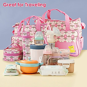 5 Pcs Multifunctional Set Baby Changing Diaper Nappy Bag, Maternity Mummy Handbag, Portable Nappy Basket Storage Organiser, Maternity Baby Bag for Boys Girls(Pink)