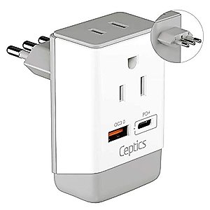 Ceptics Italy Travel Adapter, QC 3.0 & PD, Safe Dual USB & USB-C - 2 USA Socket Compact & Powerful - Use in Uruguay, Libya, Syria, Tunisia, Chile - Type L AP-12 - Fast Charging (AP-12A)