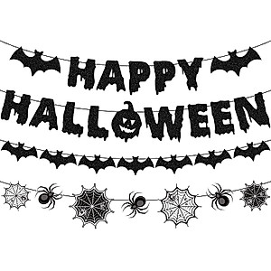 Happy Halloween Banner, NO-DIY Spider Web Halloween Decorations Garland Bat Garland Black Glitter Halloween Banner, Spider Garland for Halloween Office Decorations Halloween Classroom Decorations