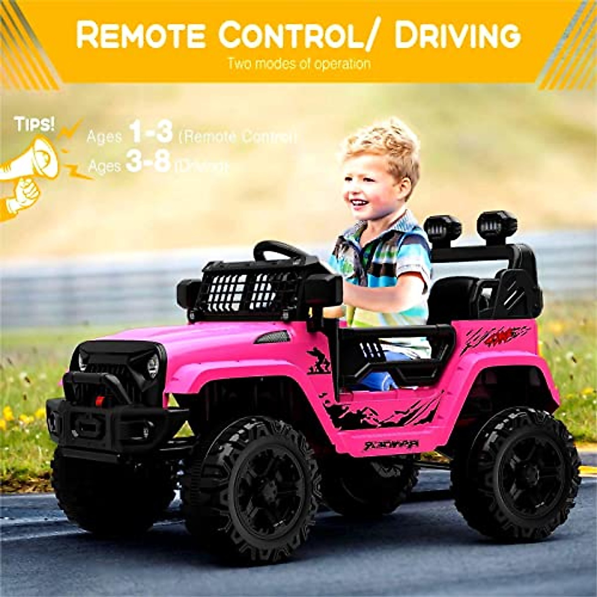 Hetoy Ride on Truck Car 12V Kids Electric Vehicles with Remote Control Spring Suspension, LED Lights, Bluetooth, 2 Speeds
