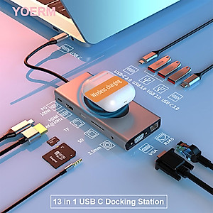 yoerm Docking Station USB C Hub 13-in-1 with Wireless Charging Station, USB C to HDMI, Ethernet, VGA, 5 USB and SD/TF, 100W PD, 3.5mm Audio