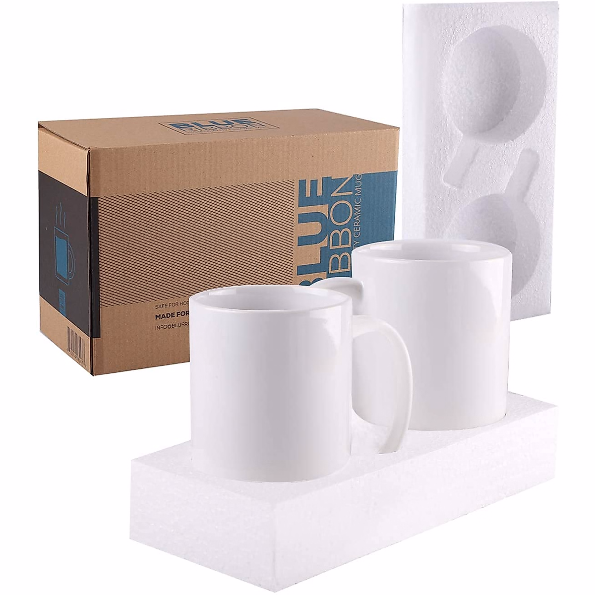 BLUE RIBBON White Sublimation Plain Blank Coffee Mug Hot Chocolate Mugs, Ceramic Mugs Hot Cocoa Mugs Mug Sets Pack of 2 15 oz