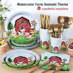 175 Pcs Watercolor Farm Birthday Decorations Plates Set 25 Guests, Barnyard Animals Baby Shower Paper Plates Napkins Cups Cutlery Set Party Supplies