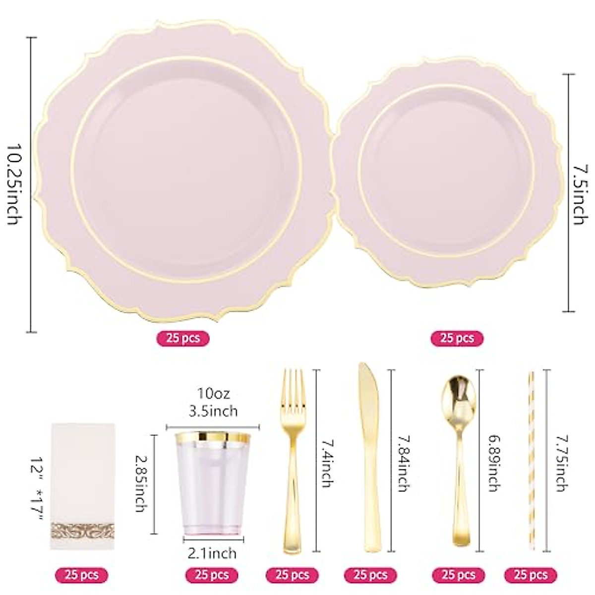 ISFANGCO 200 PCS Pink Thickened Plastic Plates Set for 25 Guests,Gold Rimmed Heavy Duty Disposable Plates for Party Wedding with Napkins,25 Dinner Plates,Dessert Plates,Spoons,Forks,Knives,Cups
