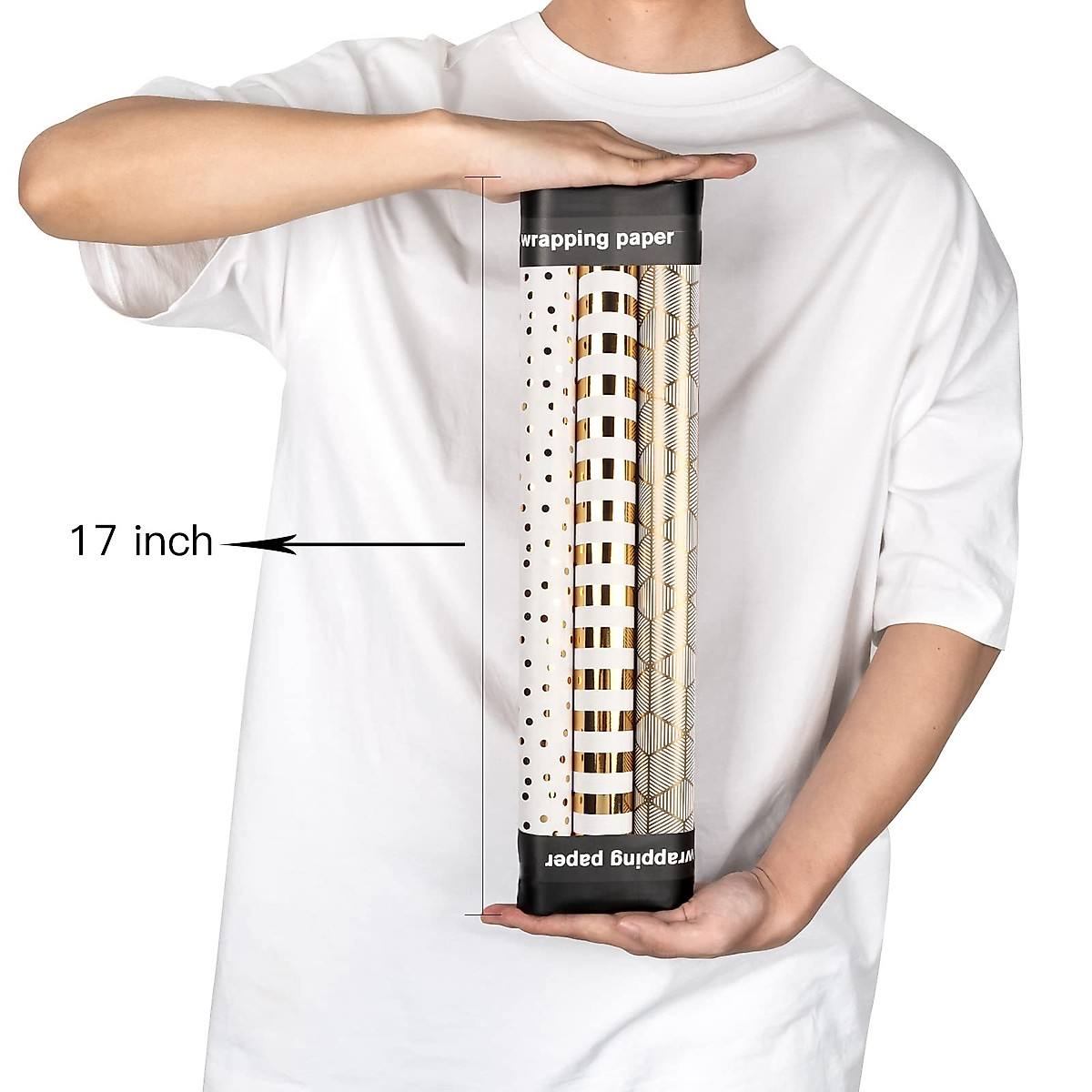 MAYPLUSS Wrapping Paper Roll - Mini Roll - 17 inch X 120 inch Per roll - White & Gold Foil Design (42.3 sq.ft.ttl)