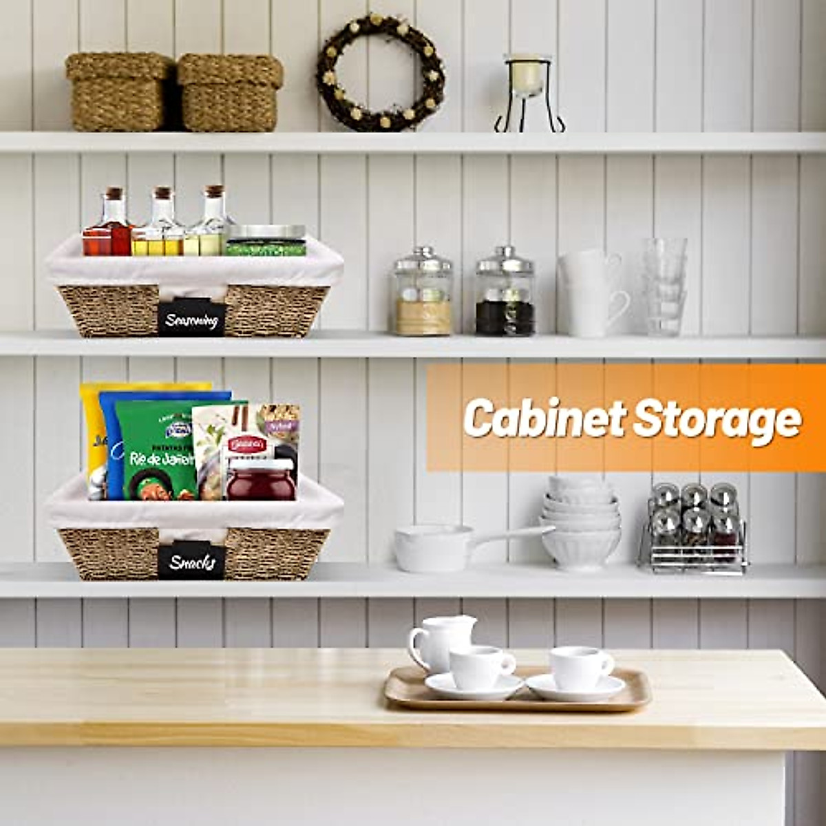 SITANES Seagrass Baskets for Organizing - 2Pcs Wicker Storage Basket with Lids & Liner - Woven Baskets Storage Baskets for Shelves with Black Labels Clips & White Marker 15" x 11" x 5"