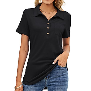 TFSDOD Womens Casual Polo T Shirts V Neck Short Sleeve Button Down Business Casual Tops Loose Work Blouses Black S