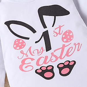 Newborn Infant Baby Girl My 1st Easter 3Pcs Clothes Set Long Sleeve Romper Bodysuit+Rabbit Pants+Headband Outfit (White, 6-12 Months)