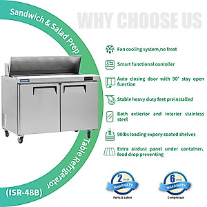 ICECASA 48" W Commercial Refrigerator Sandwich&Salad Prep Table 2 Door Stainless Steel Counter Fan Cooling Refrigerator with 12 pans-48 Inches for Restaurant, Bar, Shop, etc