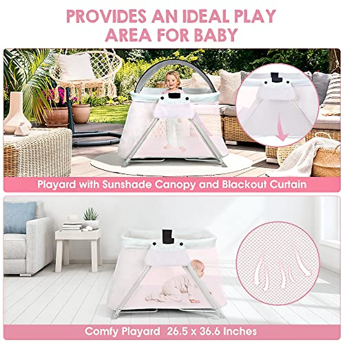 Portable Playard with Bassinet Insert for Babies Activity Indoor Outdoor Onasti Playpen with UPF Sunshade Folding Compact for Family Travel Beach Light Grey Themed