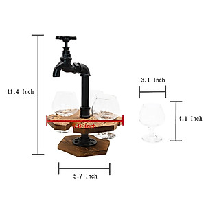 Owlgift Industrial Pipe & Burnt Wood Beer/Whiskey Flight Set with 4 Glasses, Cast Iron Faucet Spigot Design