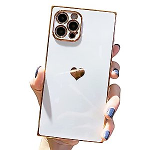 Tzomsze Compatible for iPhone 13 Pro Case Square,Cute Aesthetic Full Camera Protection & Electroplate Reinforced Corners Shockproof Edge Bumper Silicone Case [6.1 inches] -Candy White