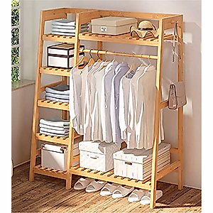 ZJDU Bamboo Garment Coat Clothes Hanging Rack,with Top Shelf and Shoe Clothing Storage Organizer Shelves, for Home Office Hallway Bedroom,110×42×140cm