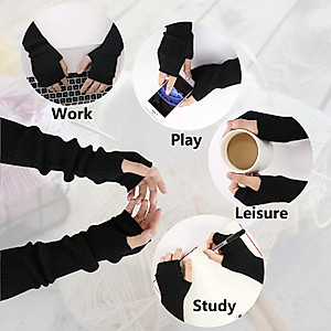 Facecozy Arm Warmers Women, Knit Warm Cashmere Blend Long Fingerless Gloves for Women Cold Weather Mittens with Thumb Hole (Black, 19.6"/50cm)