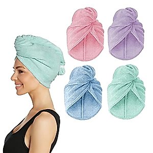 Turbie Twist Microfiber Hair Towel Wrap for Women and Men | 4 Pack | Quick Dry Turban for Drying Curly, Long & Thick Hair (Pink, Purple, Blue, Aqua)