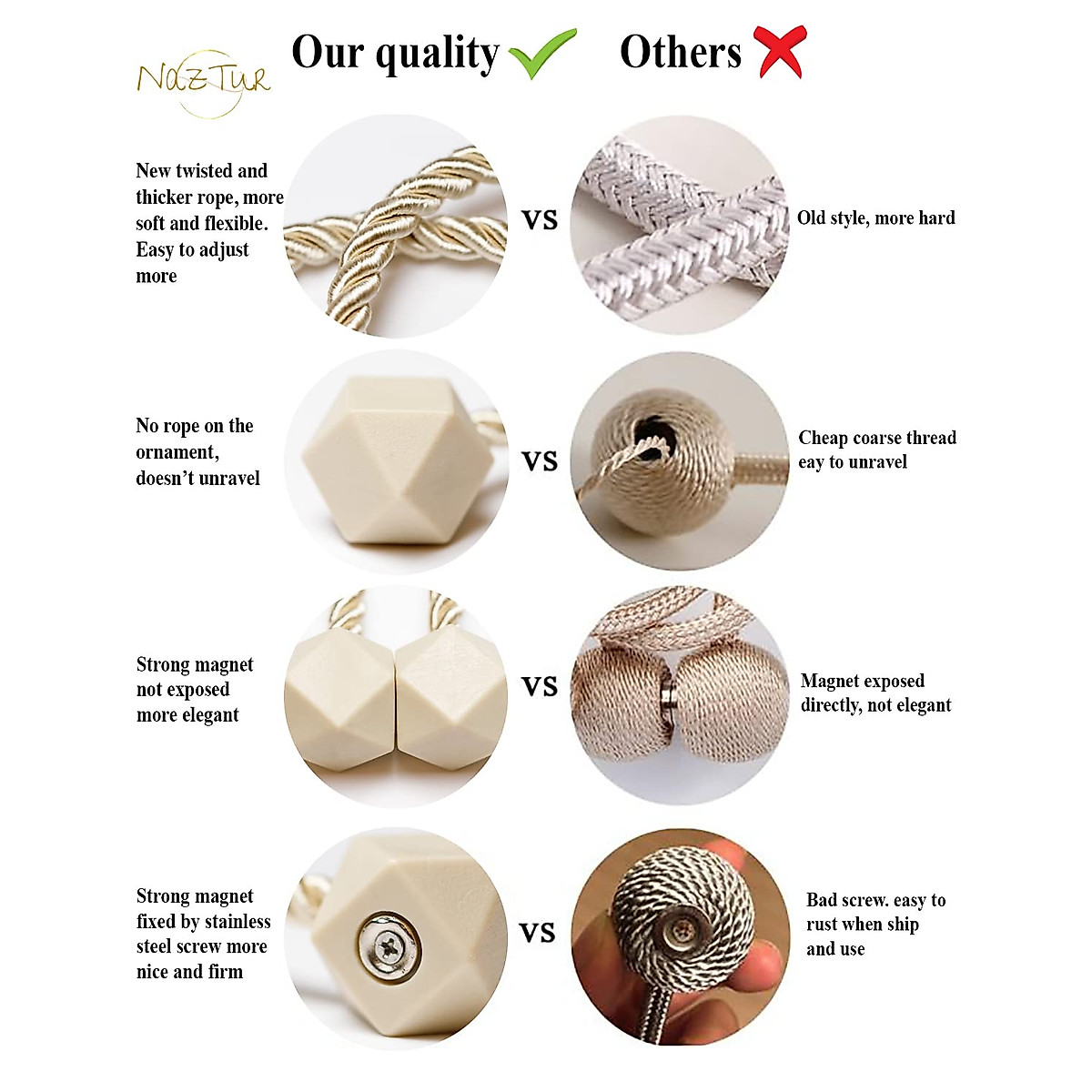 NazTur Magnetic Curtain Tiebacks- Upgrade 2022 with a Thicker Twist Rope and Strong Magnet Tieback Window Treatment Holdbacks Draperies Holders Decorative Drape Handmade Curtain Tie Back (Beige, 2)