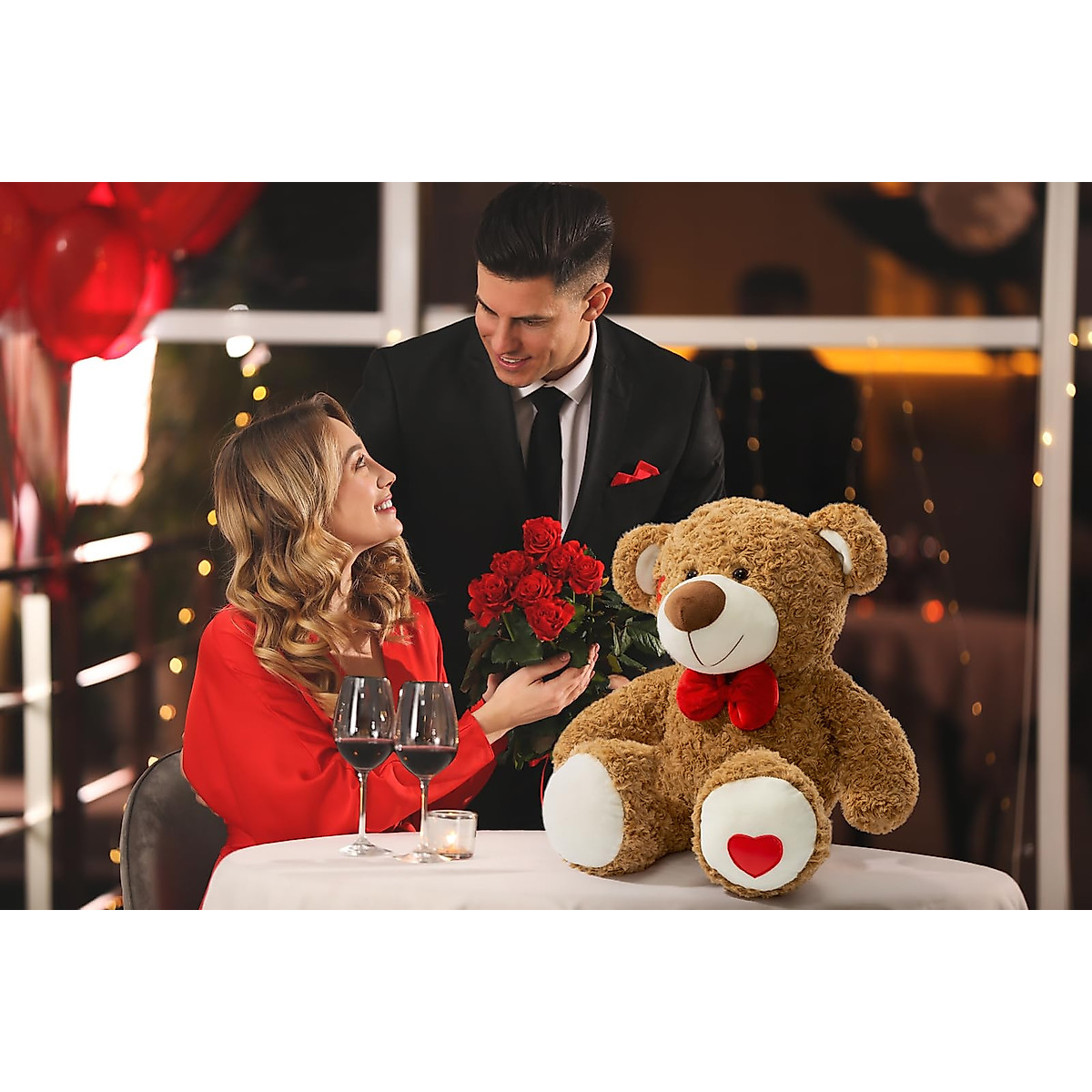 BEJOY Teddy Bear Stuffed Animal Plush Bear with Red Bow and Hearts Valentine’s Day Gift, 24 inch Brown