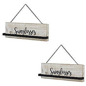 MyGift Wall Mounted Whitewashed Wood Sunglasses Organizer, Hanging Eyewear Eyeglasses Sunglass Holder Rack with Cursive Sunglasses Lettering for Home Collection and Retail Display, Set of 2