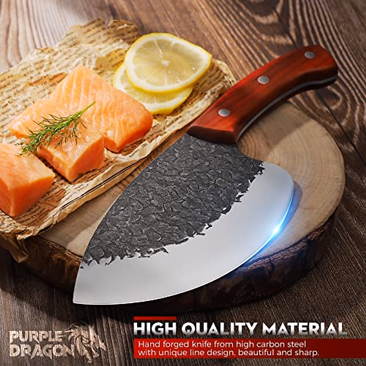 Purple Dragon Aquatic Fish Knives Fish Fillet Knife Sharp Slaughter Fish Special Knife Seafood Professional Tool Fish Knife Kitchen Knife Hammered forging Full Tang Carbon Steel Meat Cleaver
